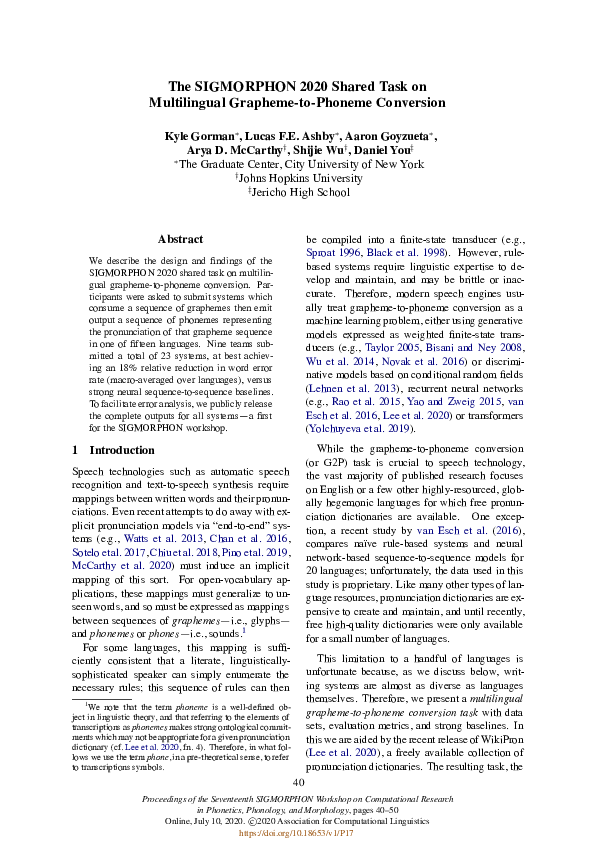 (PDF) The SIGMORPHON 2020 Shared Task on Multilingual Grapheme-to-Phoneme Conversion