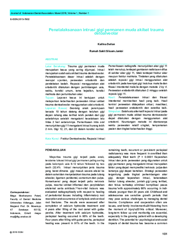 (PDF) Penatalaksanaan intrusi gigi permanen muda akibat trauma detoalveolar
