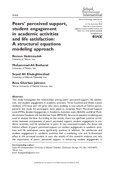 (PDF) Peers' perceived support, student engagement in academic ...