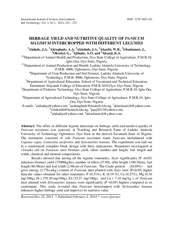 (PDF) Herbage Yield and Nutritive Quality of Panicum Maximum Intercropped with Different Legumes