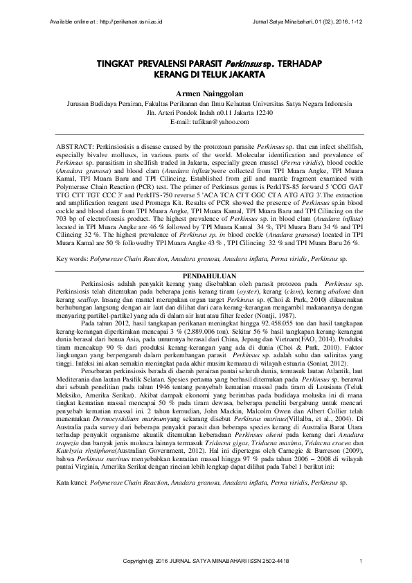 (PDF) Tingkat Prevalensi Parasit Perkinsus sp. terhadap kerang di Teluk ...