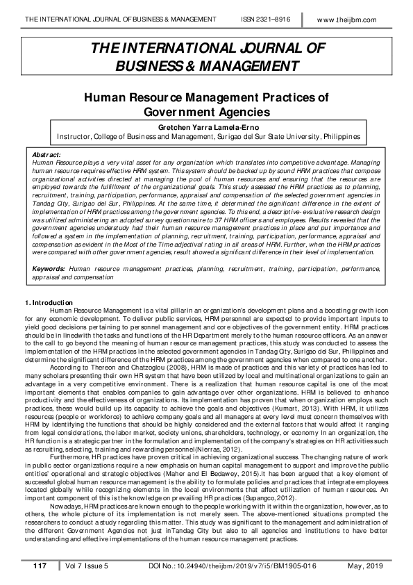(PDF) Human Resource Management Practices of Government Agencies