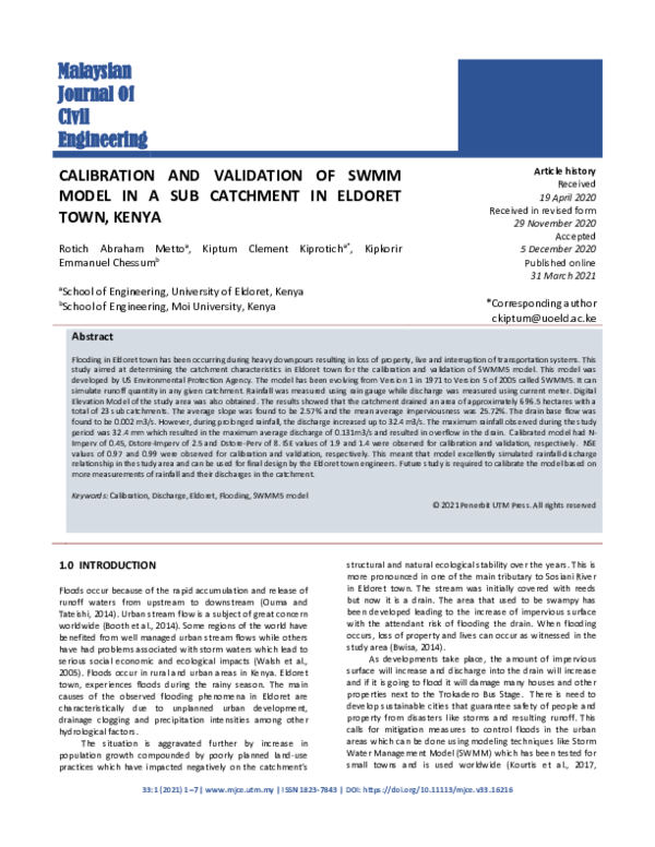 Pdf Calibration And Validation Of Swmm Model In A Sub Catchment In