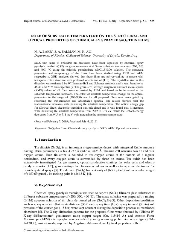 (PDF) ROLE OF SUBSTRATE TEMPERATURE ON THE STRUCTURAL AND OPTICAL PROPERTIES OF CHEMICALLY ...