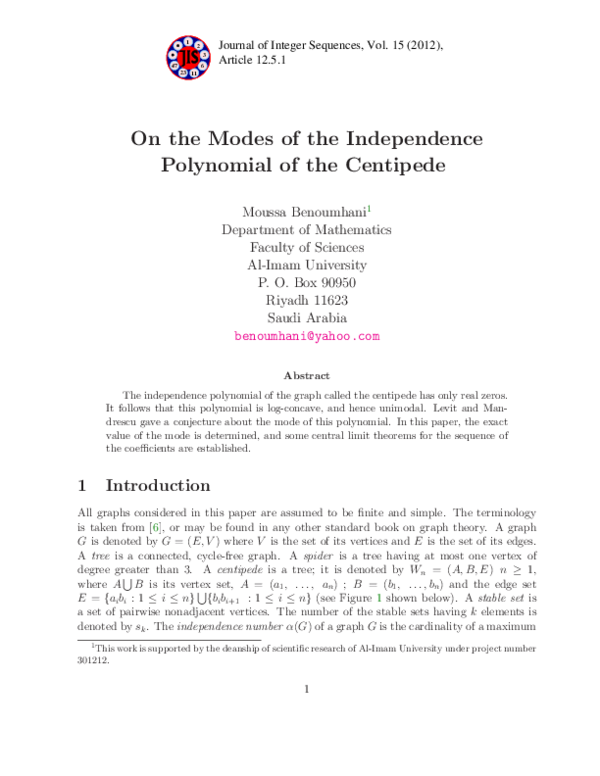 (PDF) On the Modes of the Independence Polynomial of the Centipede