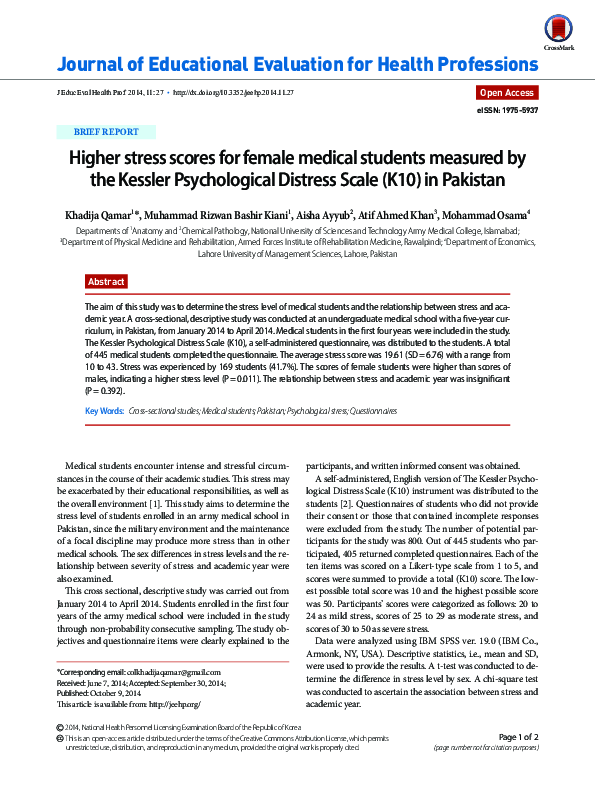 (PDF) Higher stress score of female medical students than male measured ...