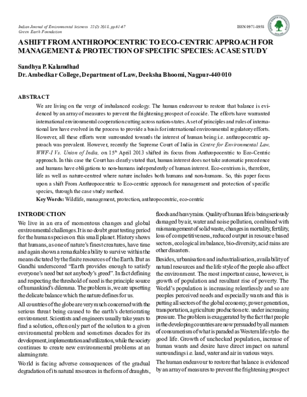 (PDF) A Shift from Anthropocentric to Eco-Centric Approach for ...