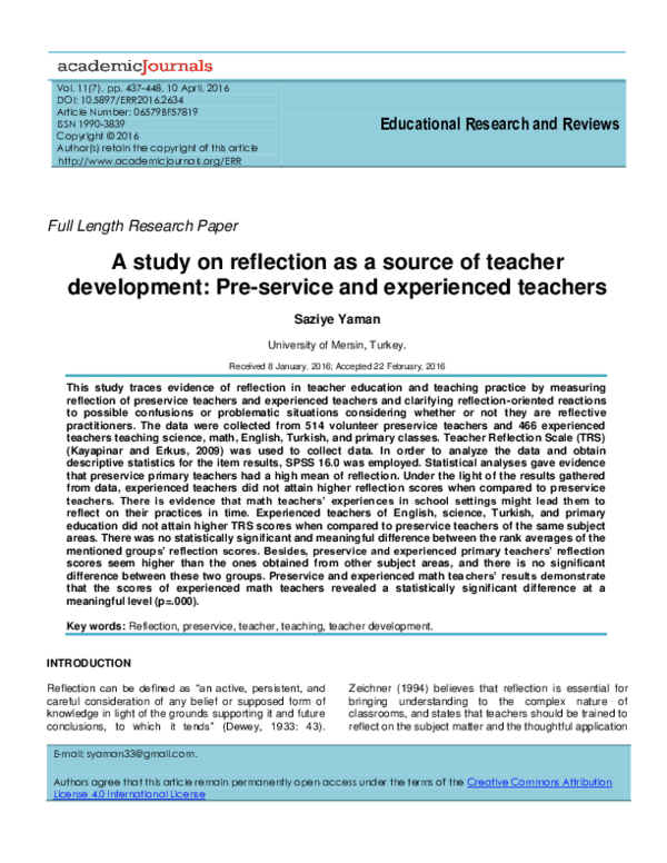 (PDF) A study on reflection as a source of teacher development: Pre ...