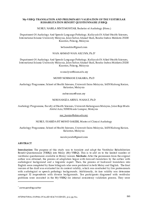(PDF) My-VRBQ: TRANSLATION AND PRELIMINARY VALIDATION OF THE VESTIBULAR ...