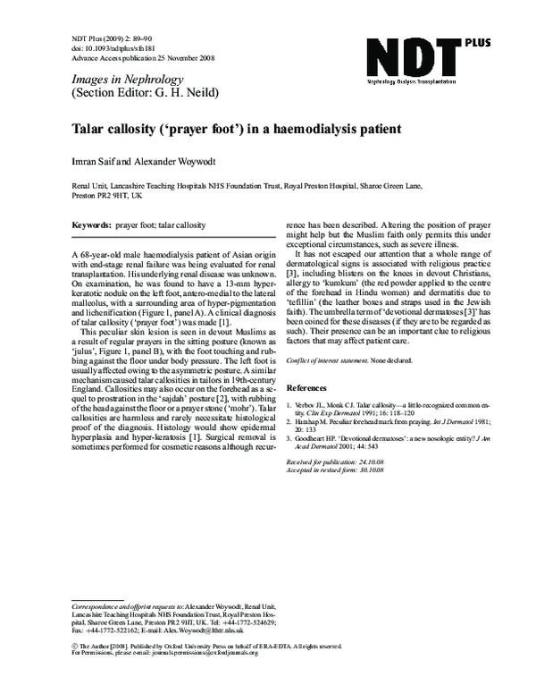 (PDF) Talar callosity ('prayer foot') in a haemodialysis patient