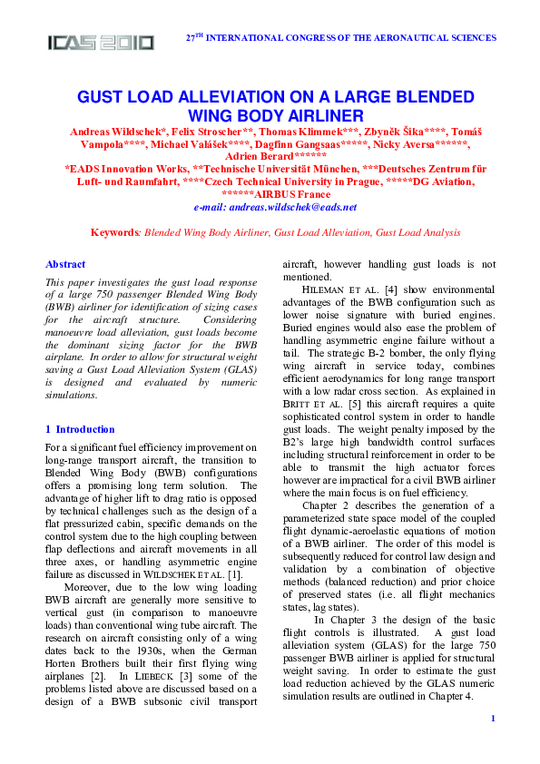 (PDF) Gust Load Alleviation on a large Blended Wing Body Airliner