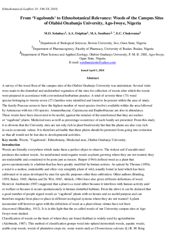(PDF) From 'Vagabonds' to Ethnobotanical Relevance: Weeds of the Campus ...