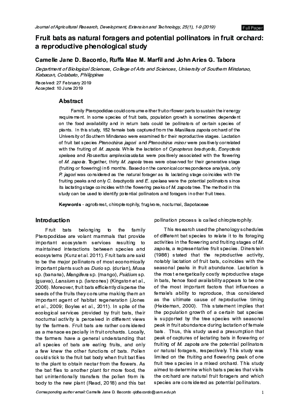 (PDF) Fruit bats as natural foragers and potential pollinators in fruit ...