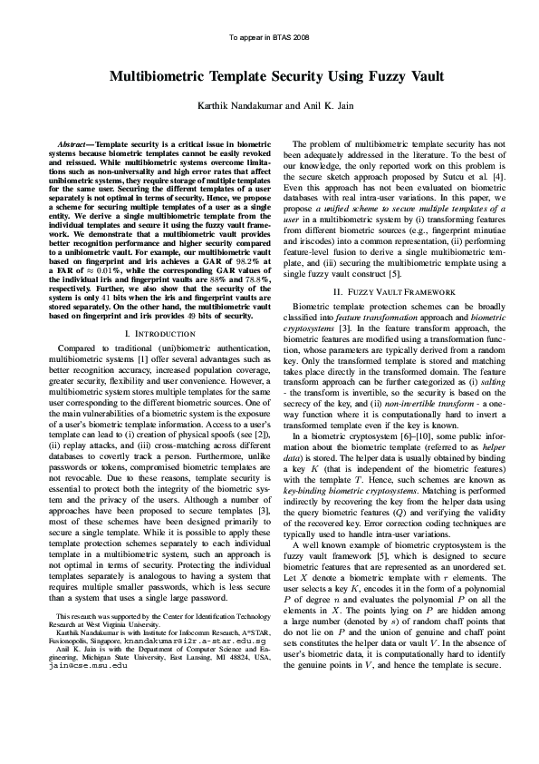 Pdf Multibiometric Template Security Using Fuzzy Vault Smita Mahajan