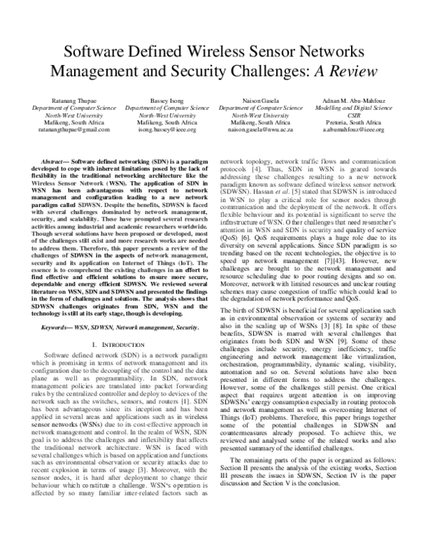 (PDF) Software Defined Wireless Sensor Networks Mangement and Security Challenges: A Review ...
