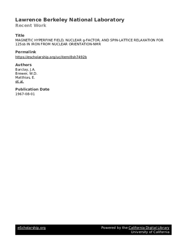 (PDF) MAGNETIC HYPERFINE FIELD, NUCLEAR g-FACTOR, AND SPIN-LATTICE ...