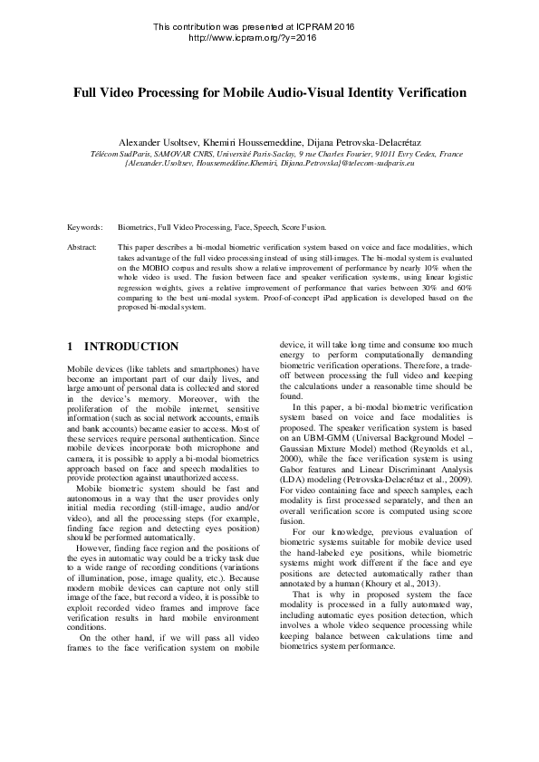 (PDF) Full Video Processing for Mobile Audio-Visual Identity Verification