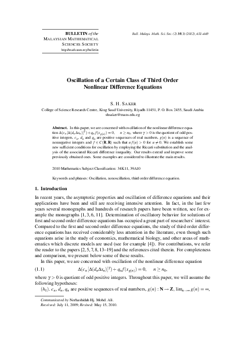 Pdf Oscillation Of A Certain Class Of Third Order Nonlinear Difference Equations