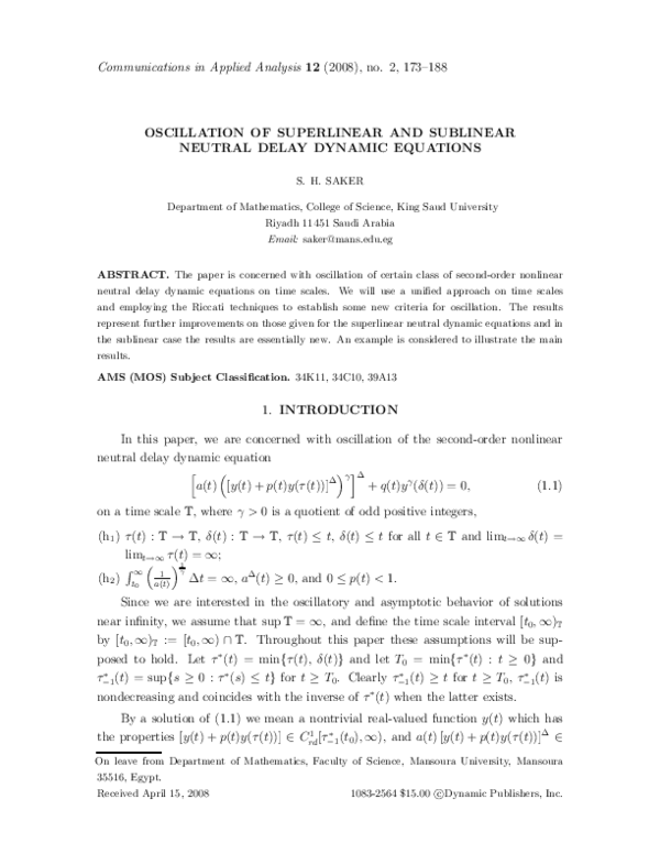 (PDF) Oscillation of Superlinear and Sublinear Neutral Delay Dynamic Equations
