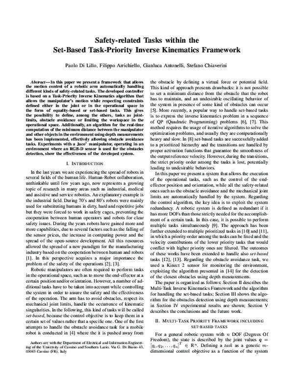 Pdf Safety Related Tasks Within The Set Based Task Priority Inverse Kinematics Framework