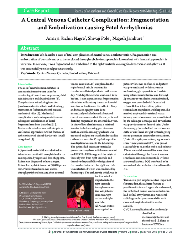 (PDF) A Central Venous Catheter Complication : Fragmentation and ...