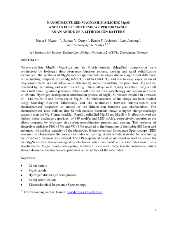 (PDF) Nanostructured magnesium silicide Mg 2 Si and its electrochemical ...