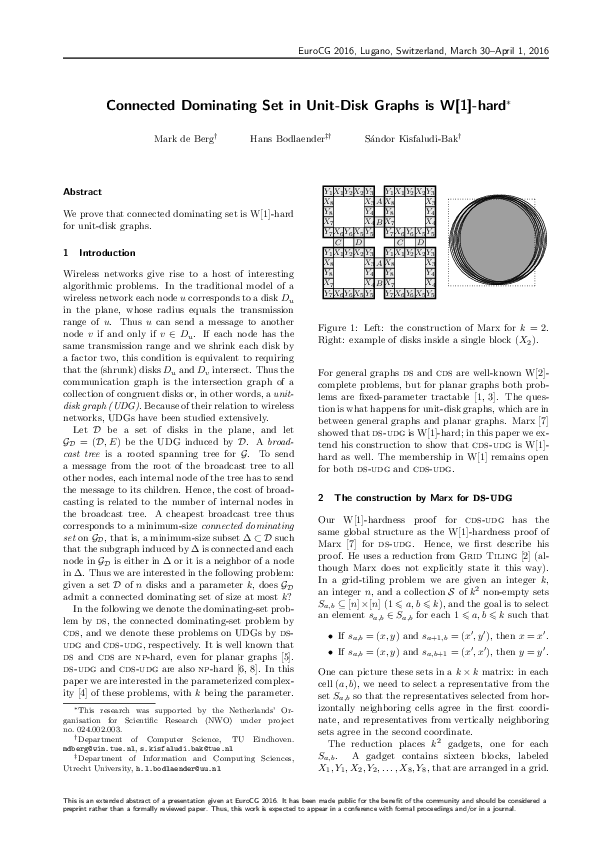 Pdf Connected Dominating Set In Unit Disk Graphs Is W 1 Hard Hans Bodlaender
