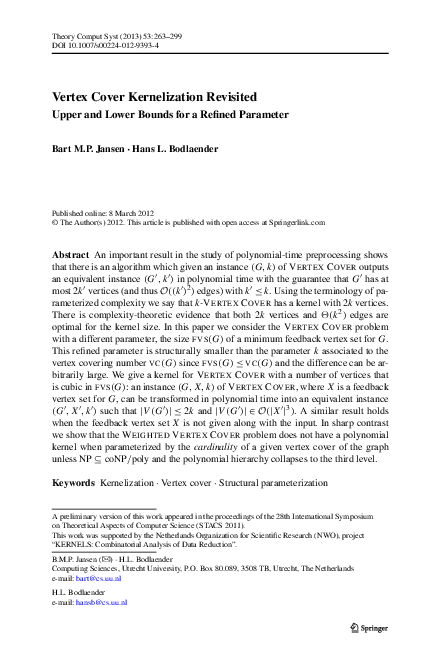 (PDF) Vertex Cover Kernelization Revisited | Hans Bodlaender - Academia.edu