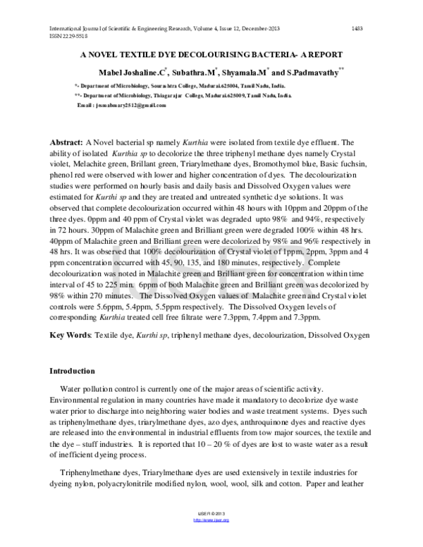(PDF) A Novel Textile Dye Decolourising Bacteria- a Report