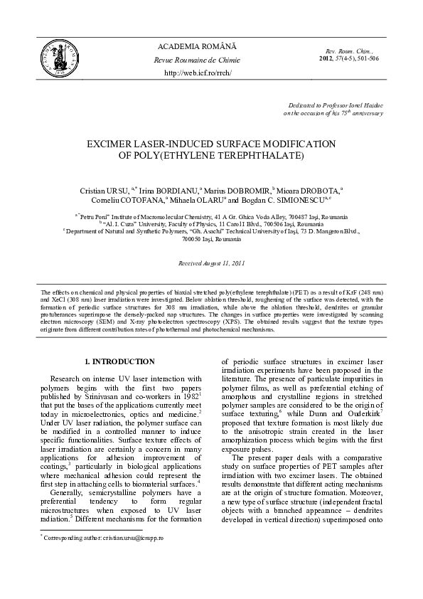 (PDF) Excimer Laser-Induced Surface Modification of Poly ( Ethylene Terephthalate )