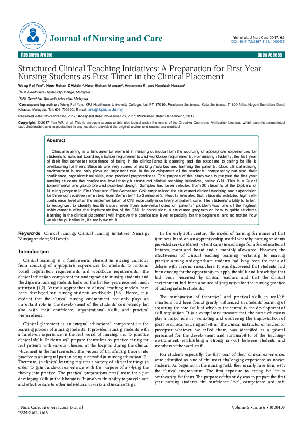 (PDF) Structured Clinical Teaching Initiatives: A Preparation for First Year Nursing Students as ...