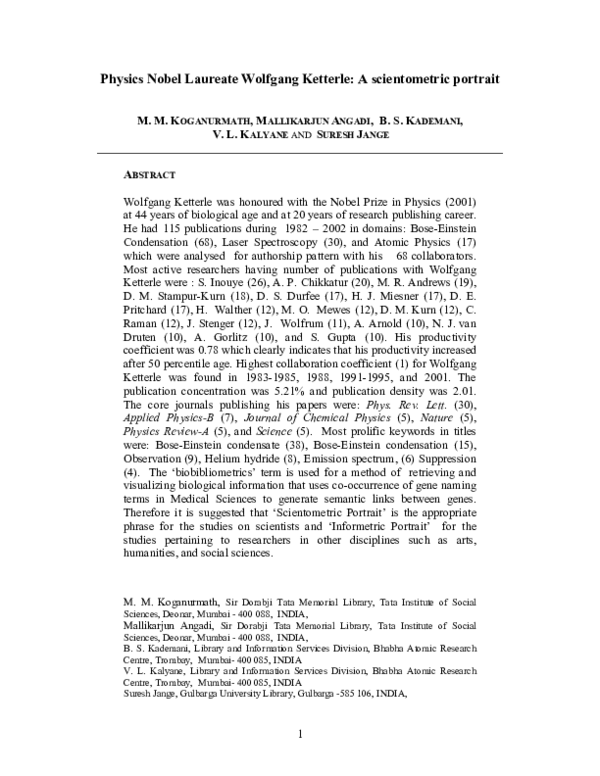(PDF) Physics Nobel laureate Wolfgang Ketterle : a scientometric portrait
