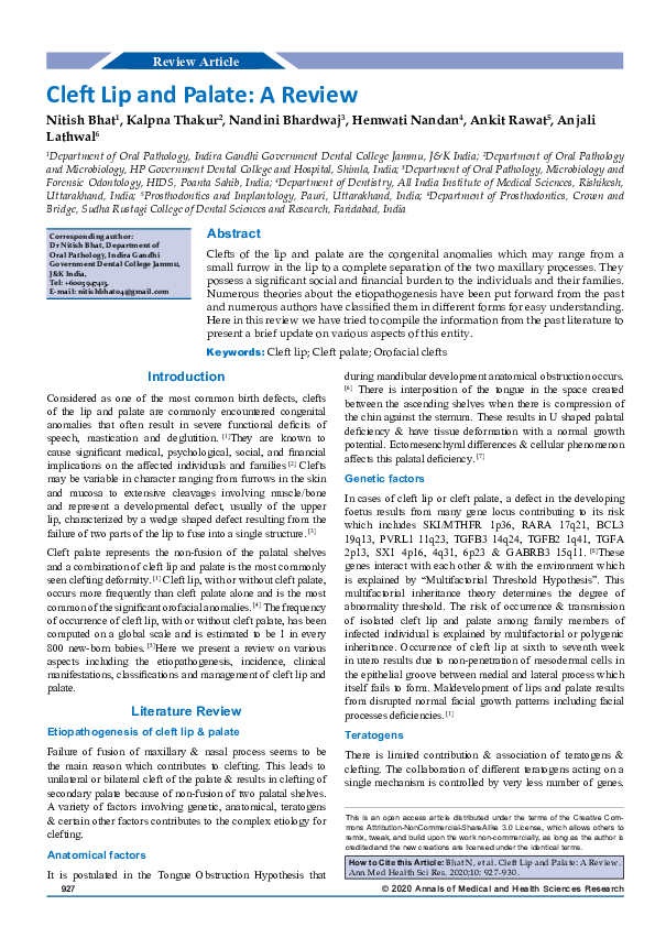 (PDF) Cleft Lip and Palate: A Review