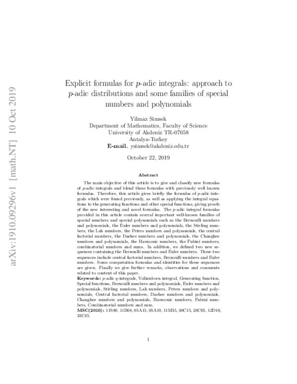 Pdf Explicit Formulas For P Adic Integrals Approach To P Adic Distributions And Some Families