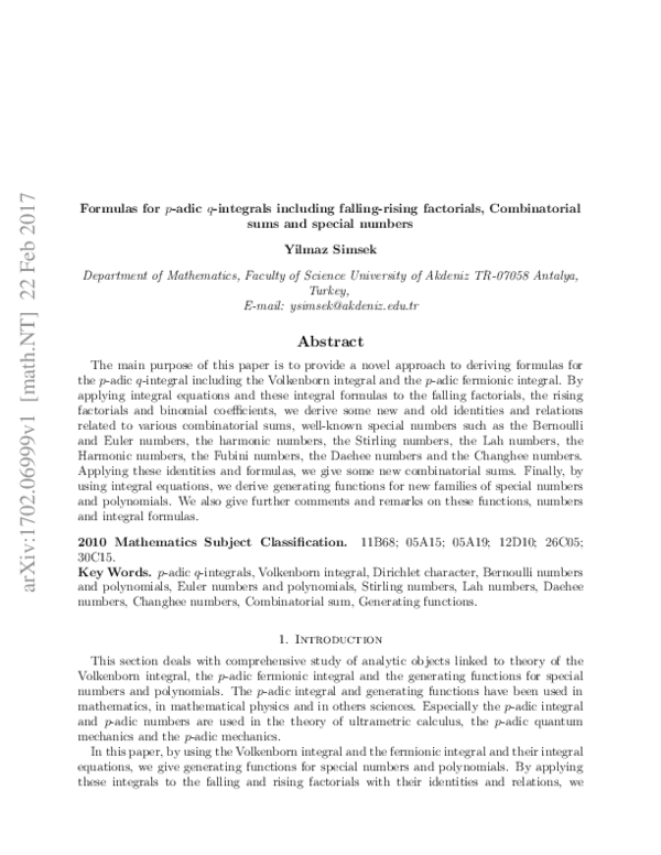 (PDF) Formulas for p-adic q-integrals including falling-rising factorials, combinatorial sums ...