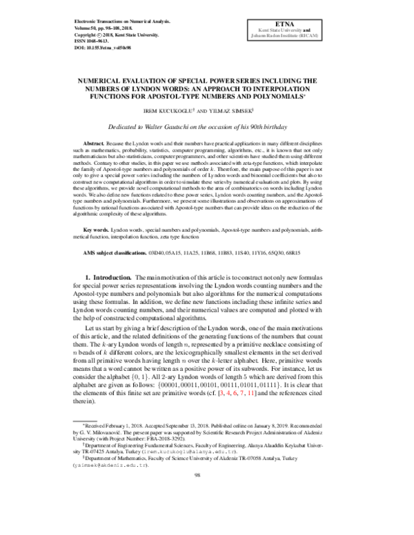 (PDF) Numerical evaluation of special power series including the numbers of Lyndon words: an ...