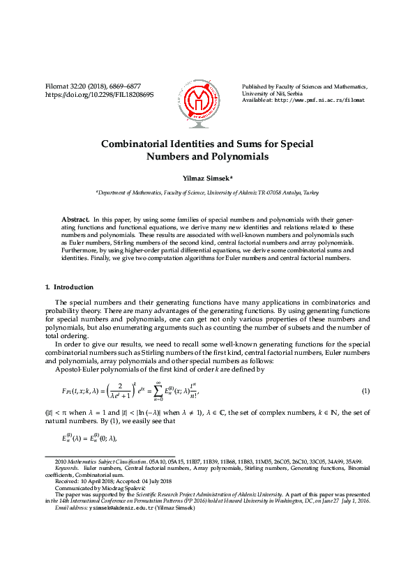 (PDF) Combinatorial identities and sums for special numbers and polynomials