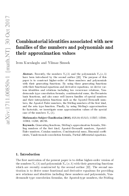 (PDF) Combinatorial identities associated with new families of the numbers and polynomials and ...