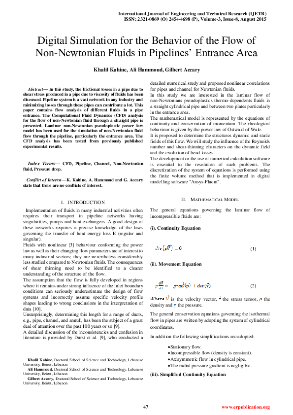 Pdf Digital Simulation For The Behavior Of The Flow Of Non Newtonian Fluids In Pipelines