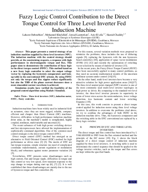 (PDF) Fuzzy Logic Control Contribution to the Direct Torque Control for Three Level Inverter Fed ...