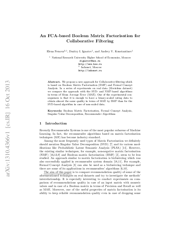 Pdf An Fca Based Boolean Matrix Factorisation For Collaborative Filtering
