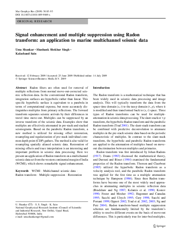 Pdf Signal Enhancement And Multiple Suppression Using Radon Transform An Application To