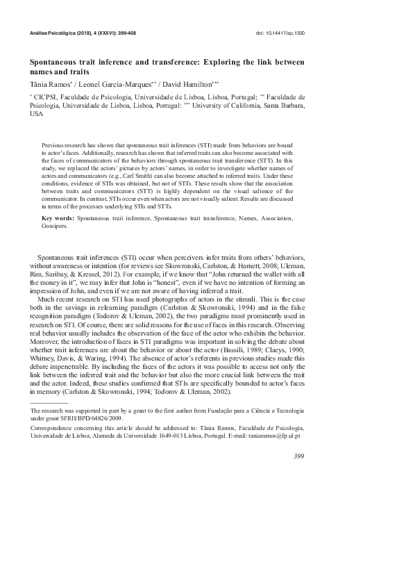 (PDF) Spontaneous trait inference and transference: Exploring the link ...
