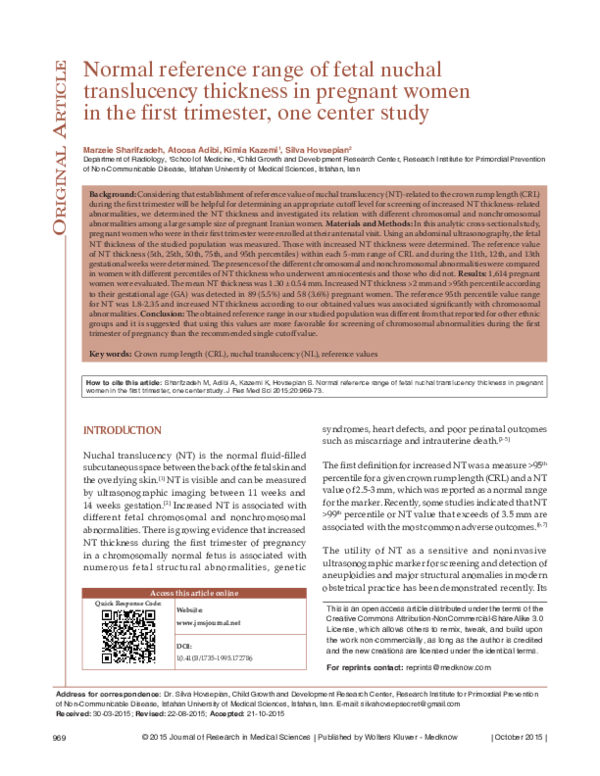 (PDF) Normal reference range of fetal nuchal translucency thickness in ...