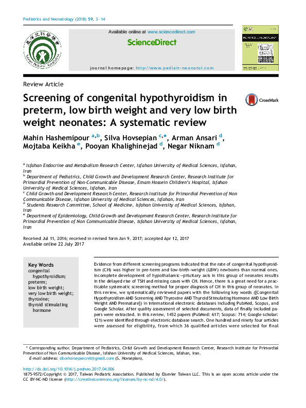 (PDF) Screening of congenital hypothyroidism in preterm, low birth ...