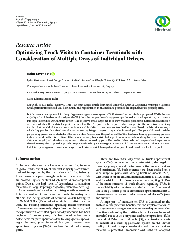 (PDF) Optimizing Truck Visits to Container Terminals with Consideration ...