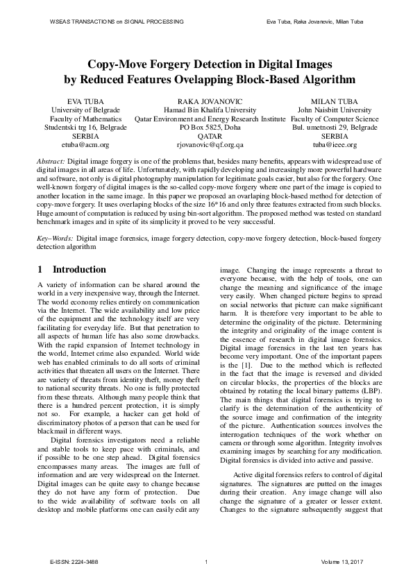 (PDF) Copy-Move Forgery Detection in Digital Images by Reduced Features Ovelapping Block-Based ...