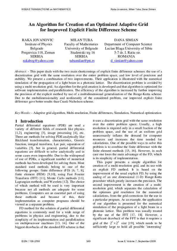 Pdf Optimized Adaptive Grid For Enhanced Finite Difference Schemes