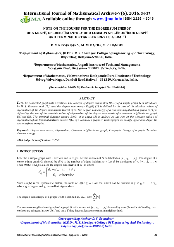 (PDF) • Note on the Bounds for the Degree Sum Energy of a Graph, Degree Sum Energy of a Common ...