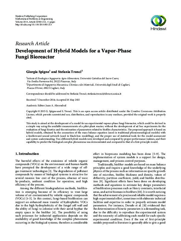 (PDF) Development of Hybrid Models for a Vapor-Phase Fungi Bioreactor